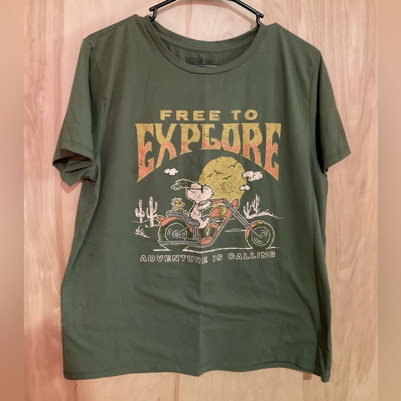 Peanuts | Tops | Peanuts Army Green Snoopy Tshirt Free To Explore Euc ...